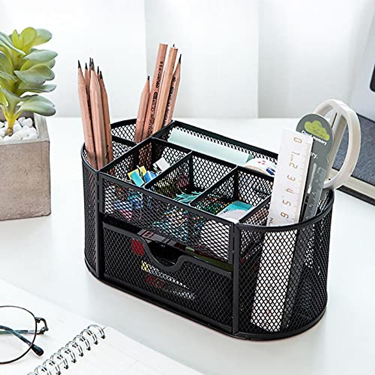 Mesh Pen Holder, Desk Organizer for Desk Pencil Holder with 8 Compartments and 1 Drawer Desk Supplies for Office Home 1 PC