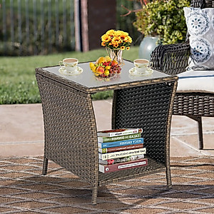 kinbor Outdoor Patio Side Table - Wicker PE Rattan Patio Table, Square Coffee Table with Glass Top and Storage, Outdoor Side/End Table for Deck Pool Garden Lawn Porch (Dark Blonde)