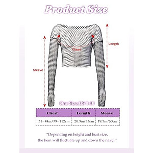 Yokawe Black Fishnet Rhinestone Crop Top, Long Sleeve Mesh Glitter Party Festival Top for Women & Girls