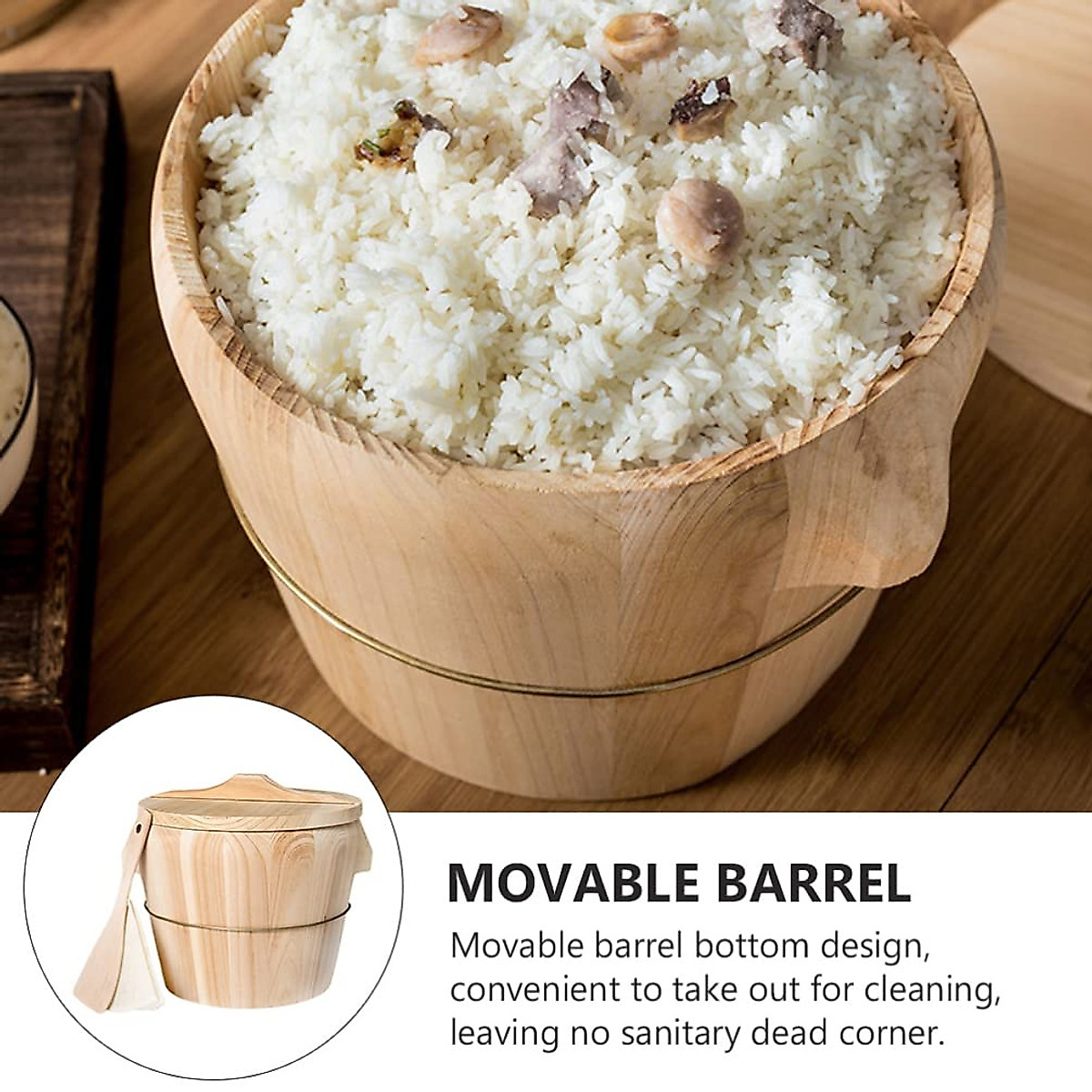 Cabilock 1 Set Wooden Rice Bowl Bucket Wooden Steamed Rice Barrel Handmade Cooking Rice Barrel with Stearmer Liner Lid and Rice Paddle for Home Chinese Restaurant Wood Color