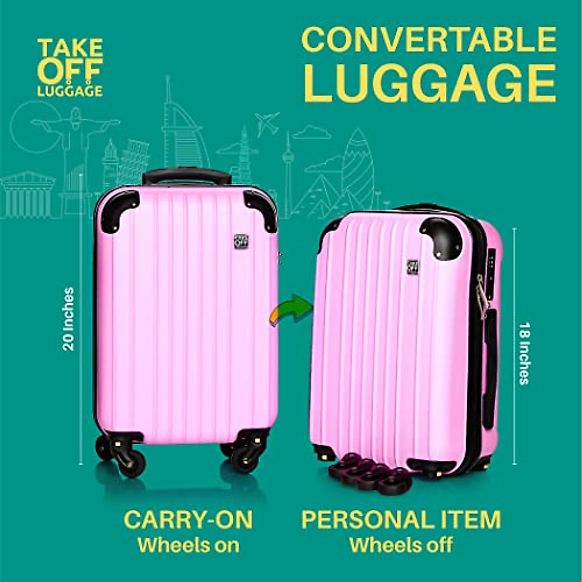 Take OFF Luggage 18 inch Hardshell Carry On Suitcase that Converts into Underseater Luggage with Removable Spinner Wheels for Airline Personal Item Use Requirements, 18 x 14 x 8 Inches - Hot Pink