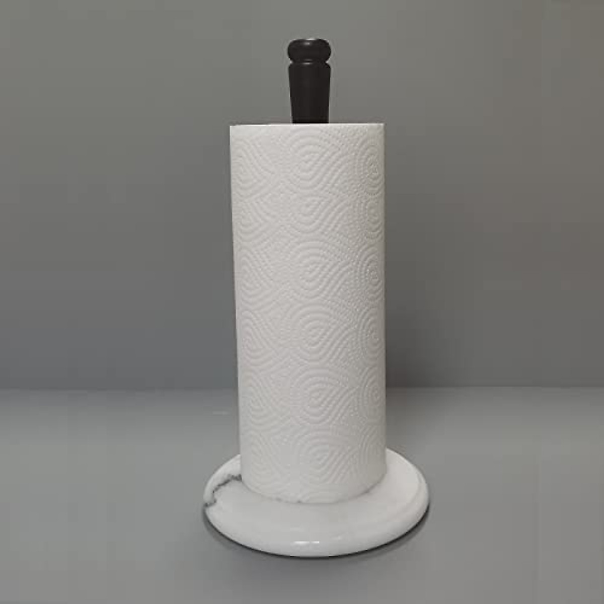 Marble Paper Towel Holder Countertop for Kitchen, Wood Paper Towel Holder Stand with No Wobbly Natural Marble Base, One Hand Pull & Tear - Black Brown