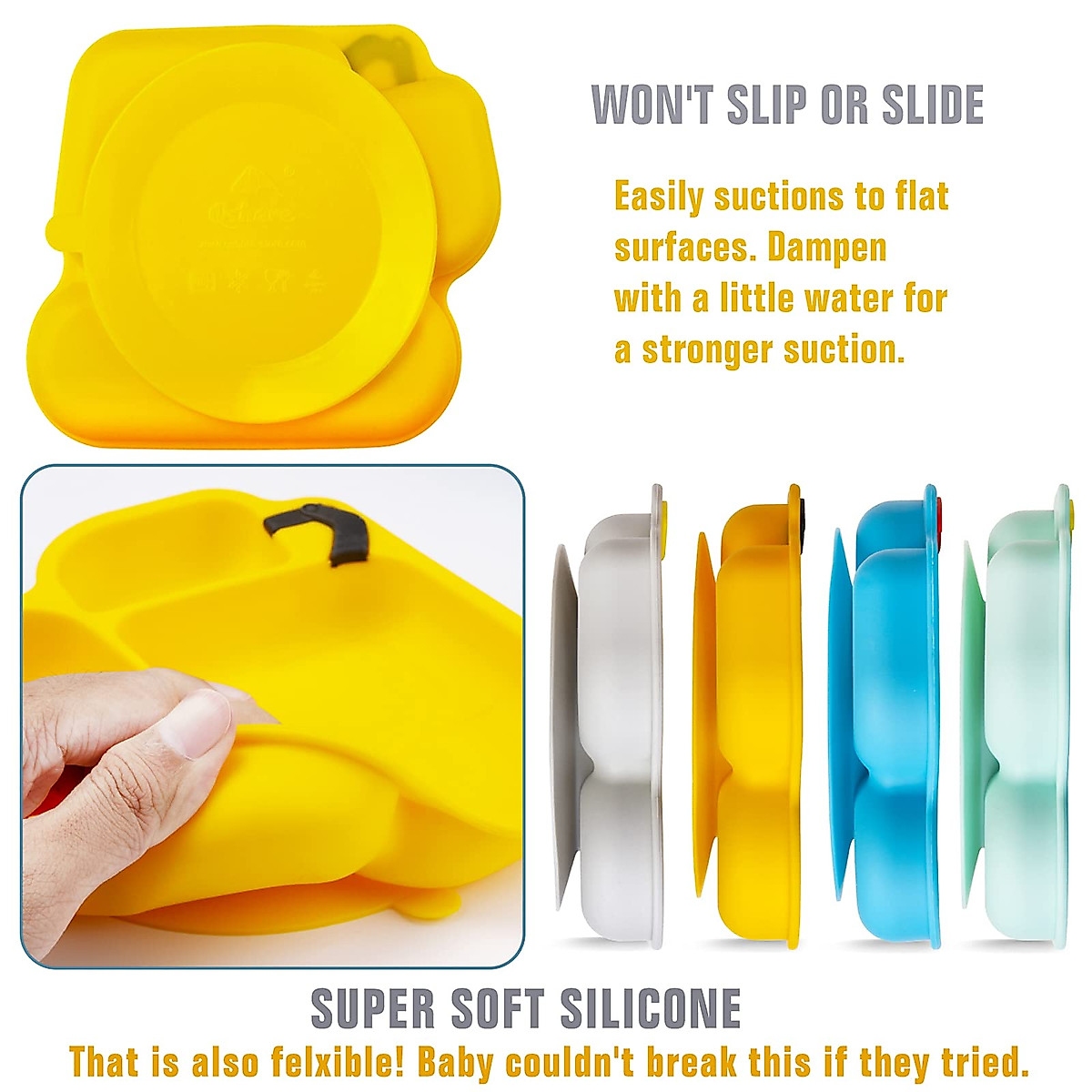 Baby Plate - Toddler Plate with Suction - 100% Food-Grade Silicone Divided Dinner Plates - Portable Non Slip - Microwave & Dishwasher Safe
