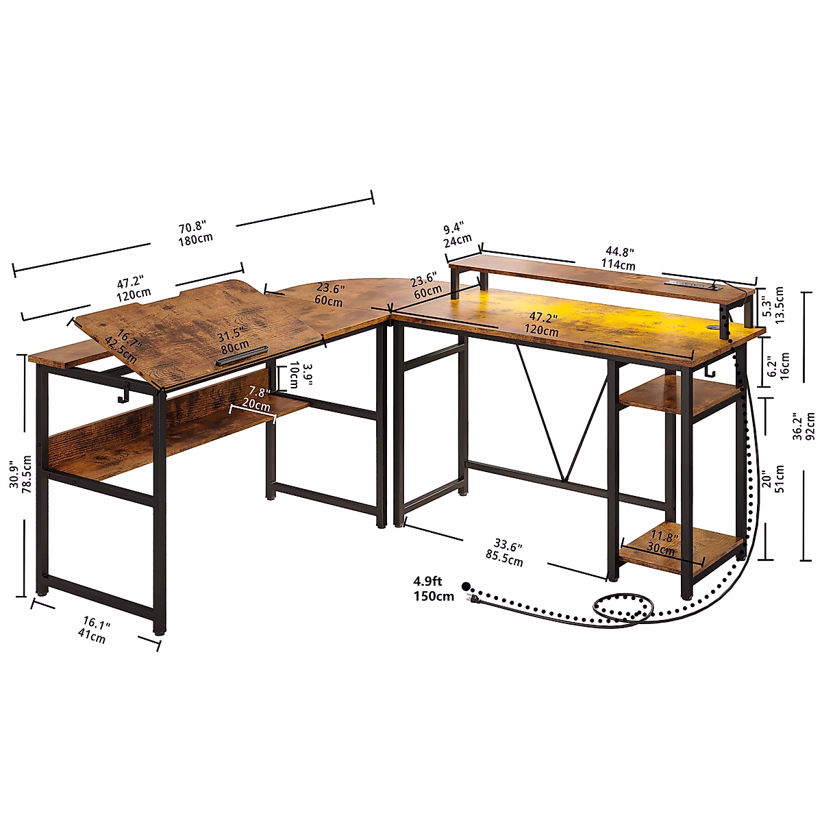 IRONCK L Shaped 70.8" Computer Corner Desk with LED and Power Outlets, 95" I-Shaped Two-Person Reversible Drafting Table with Storage Shelves & Monitor Stand for Home Office, Bedroom, Brown