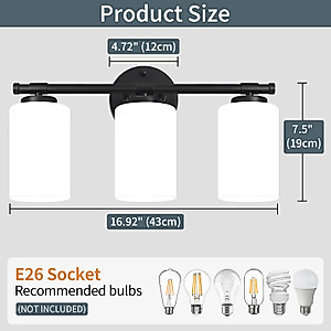 GZBEINI Black Bathroom Vanity Fixture,Farmhouse Bathroom Light FixturesOver Mirror,3 Light Modern Bathroom Lighting,Bathroom Vanity Light Fixtures Above Mirror with Milk White Glass Shade