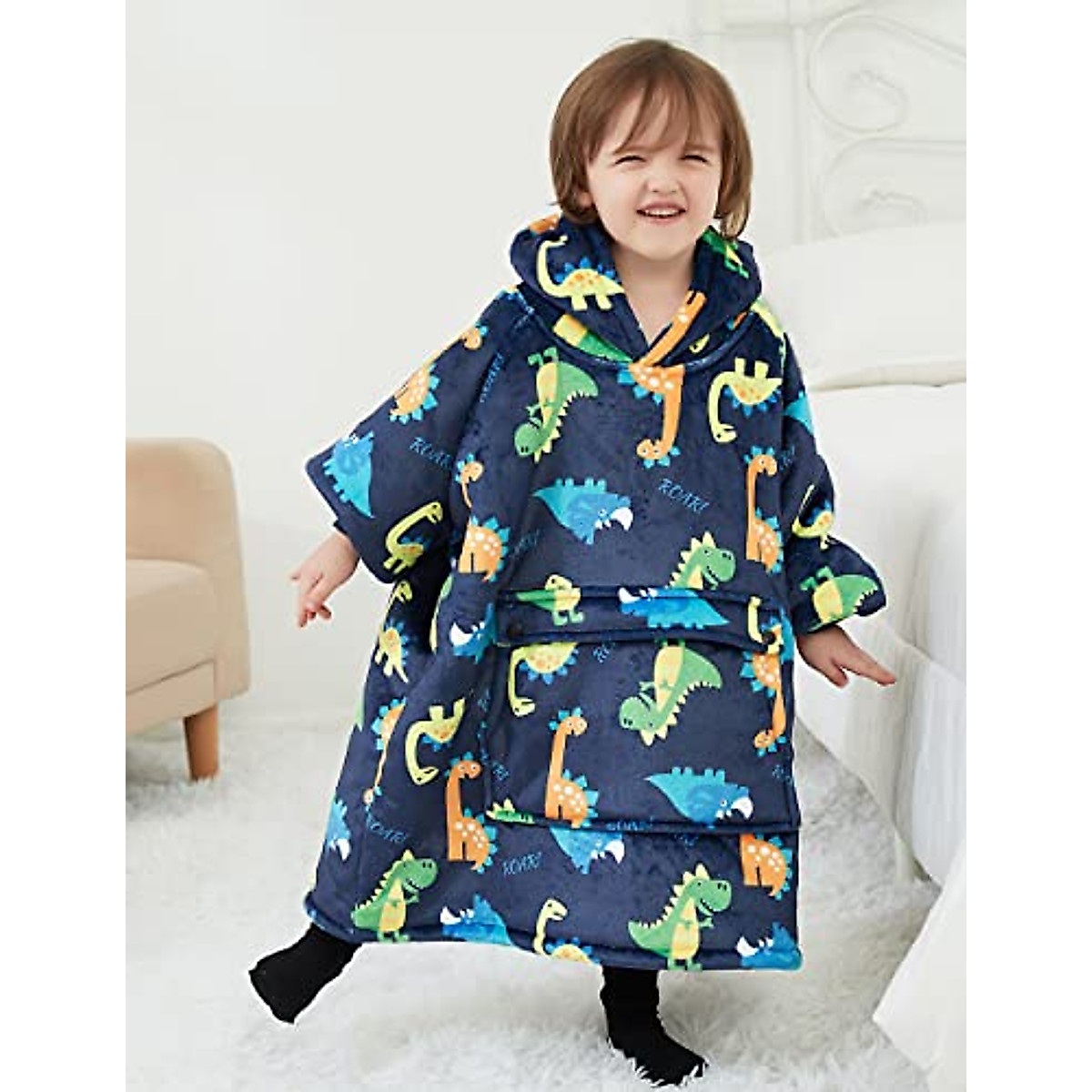 Lzzidou Oversized Wearable Blanket Hoodie for Kids 2-6YR, Two Layers Cozy Flannel Sherpa Blanket Sweatshirt Printed