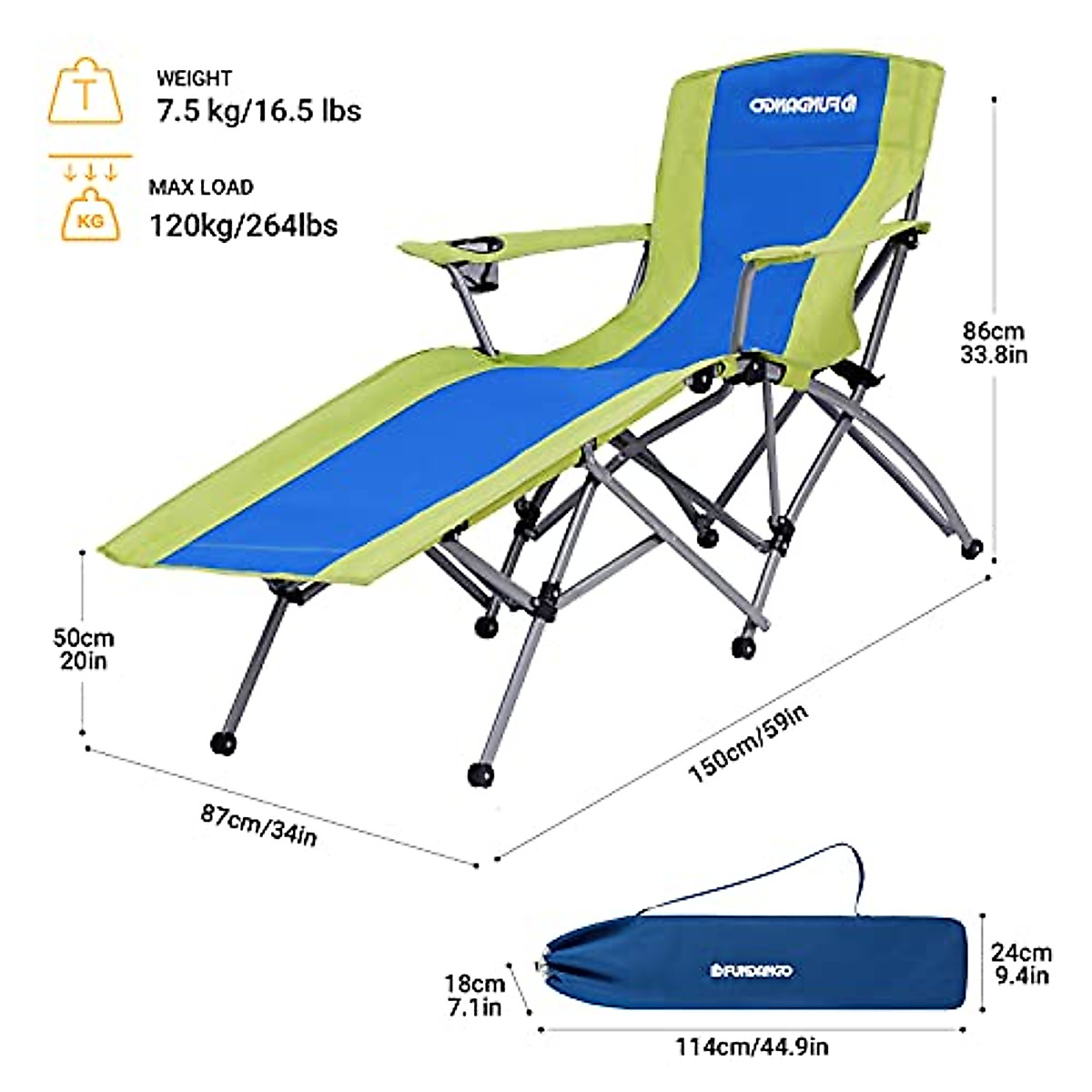 FUNDANGO Folding Outside Heavy Duty Patio Deck Chaise Lounges Lawn Chairs with Footrest for Outdoor Sun Tanning Beach Pool, Support up to 264 lbs, 34.25x 61.42x 33.86inch, Blue/Green