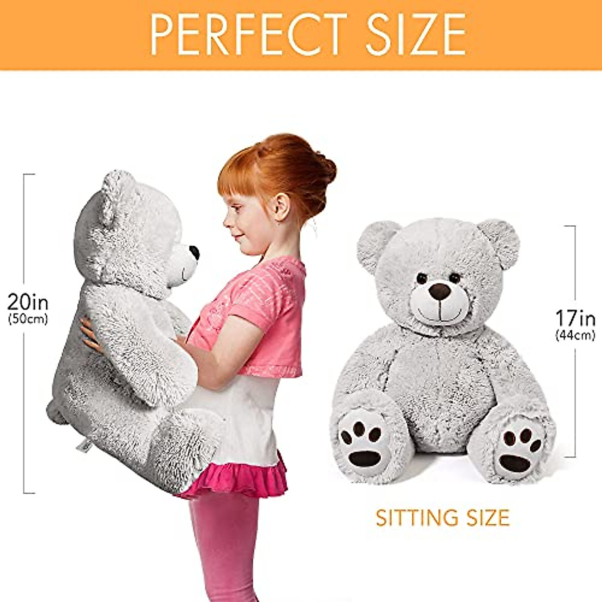 LotFancy Teddy Bear Stuffed Animal, 20 inch Gray Stuffed Bear Plush Toy, with Cute Footprints, Gift for Kids Baby Toddlers on Baby Shower, Birthday, Christmas, Valentine's Day, Easter Decoration