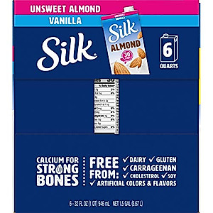 Silk Shelf-Stable Almond Milk, Unsweetened Vanilla, Dairy-Free, Vegan, Non-GMO Project Verified, 1 Quart (Pack of 6)