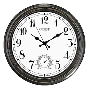 OCEST 16 Inch Large Analog Outdoor Wall Clock, Waterproof, Weather-Resistant, Non-Ticking, Battery-Operated, with Temperature Display, for Patio, Pool, Lanai, Fence, Porch, Garden, Bathroom