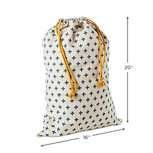 Hallmark 19" Large Canvas Bag with Yellow Drawstring (Ivory and Blue) for Birthdays, Baby Showers, Father's Day