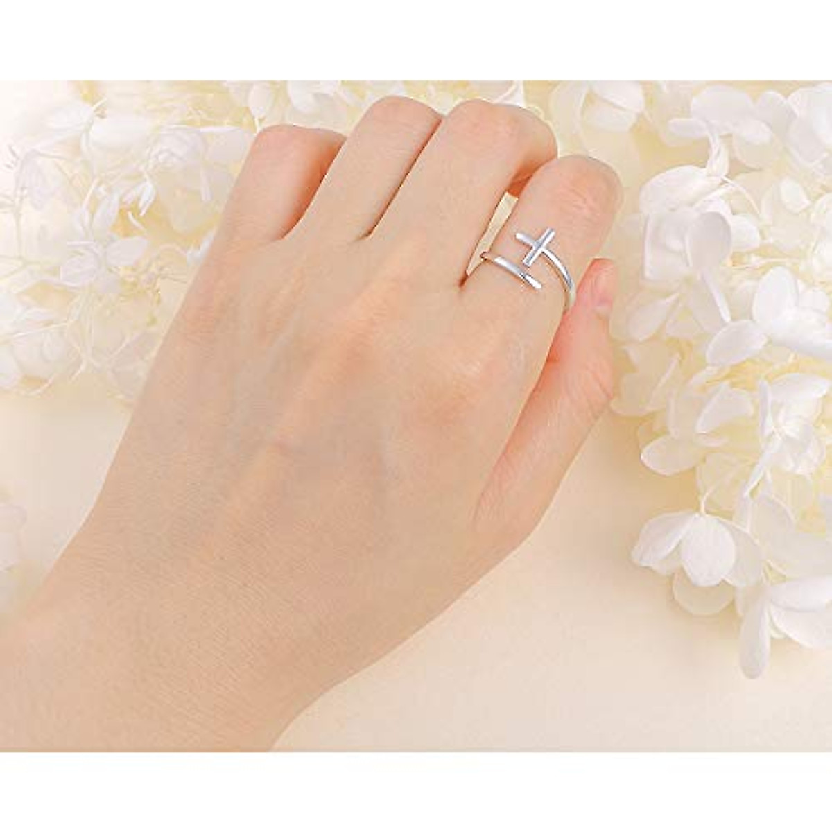DAOCHONG Simple Cross Ring Sterling Silver Adjustable Cross Wrap Open Ring for Women Daughter Girlfriend Easter Gift, Size 6