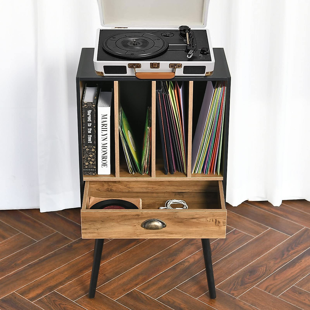Record Player Stand, Turntable Stand with 4 Cabinet and Drawer, Mid-Century Modern Vinyl Record Storage Stand with Wood Legs, Vinyl Storage 140 LPs, Record Player Table for Living Room Bedroom