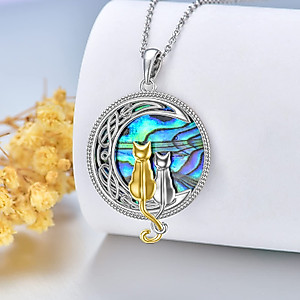 TOUPOP Silver and Gold Cat Necklace 925 Sterling Silver Cat on the Moon Necklace with Abalone Shell Cat Lovers Celtic Cat Jewelry Gifts for Women Birthday Christmas