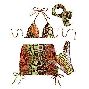 COZYEASE Women's 4 Piece Swimsuits Sexy Bikini Sets Triangle Bathing Suit with Mesh Cover Up Beach Skirt & Bandana Multicolor S