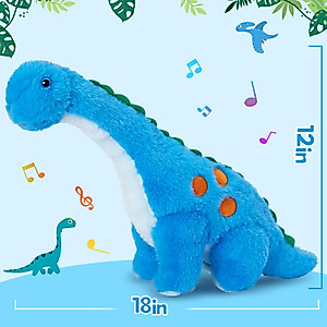 Houwsbaby 14" Blue Musical LED Dinosaur Stuffed Animal Floppy Diplodocus Plush Toy Singing Light Up Adorable Long Neck Lullaby Animated Soothe Baby Birthday Christmas Halloween for Kids Boy Toddlers