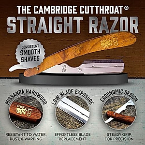 The Cambridge Cutthroat® Cut Throat Razor Kit with Blades & Travel Pouch - Missanda Hardwood & Stainless Steel Professional Barber Shaver Men - Straight Edge Moustache & Beard Shaper
