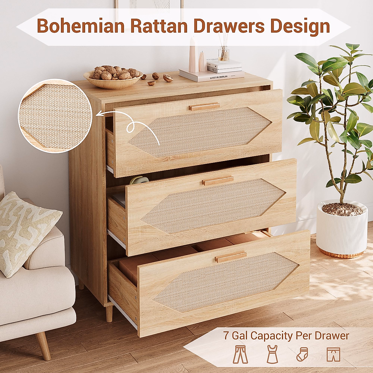 3 Drawer Rattan Dresser for Bedroom, Rattan Modern Dresser Wood Chest of Drawers, Wooden Storage Cabinets for Bedrooms, Hallways, Living Rooms, and Entryways, Easy Assemble, Natural