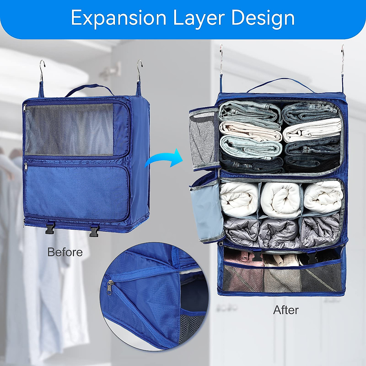 Surblue Hanging Travel Shelves Compression Packing Cube for Carry-on Luggage Suitcase Collapsible with Extension Layer Large Capacity, Blue, XXL