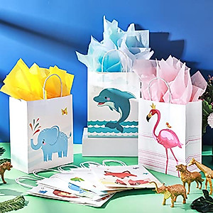 8 Pcs 11 Inch Paper Gift Bags Baby Gift Wrapping Animals Paper Bag with Tissue Papers, Flamingos, Whales, Giraffes, Elephant, Dinosaur, Dolphin, Lion for Kids Birthdays or Baby Showers