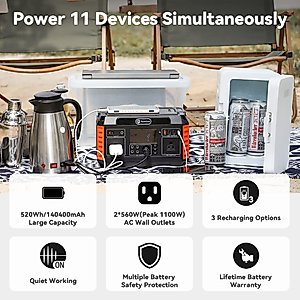 FF FLASHFISH 560W Portable Power Station, 520Wh/140400mAh Solar Generator With 2x110V/560W Surge 1100W AC Outlets, 5xDC Output and 4xUSB Outputs, Backup Power CAPA Battery For Camping/Home/Blackout