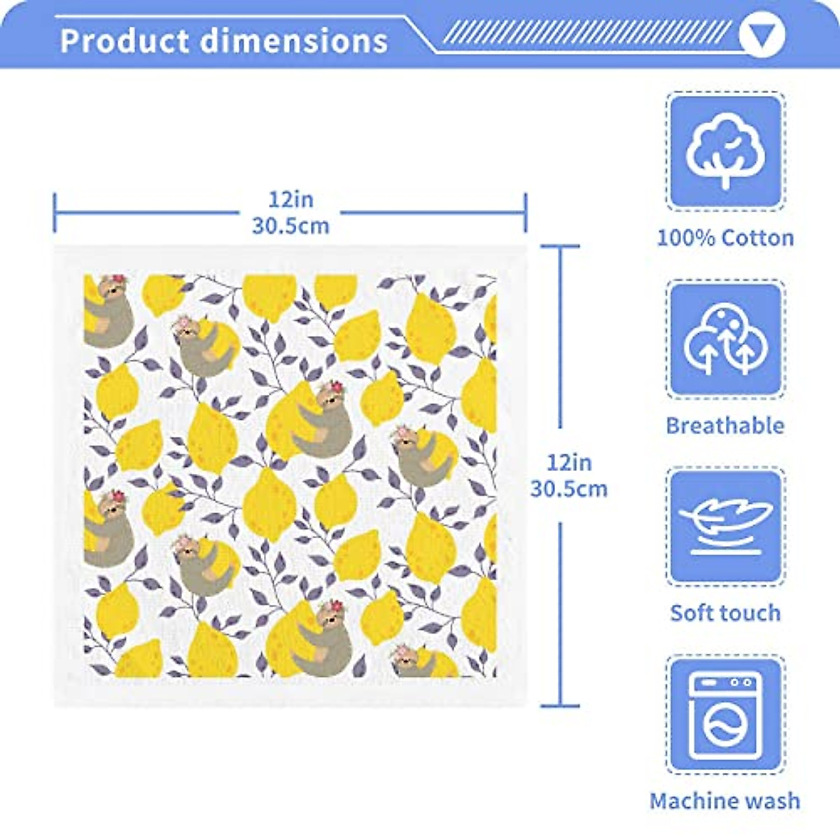 ALAZA Cute Sloths Yellow Lemons Towels Cotton Washcloths Set, Soft Absorbent Quick Dry Face Cloths, Multi-Purpose Fingertip Towels for Bathroom,Hotel,Travel,12'' x 12'' (2 Pack)
