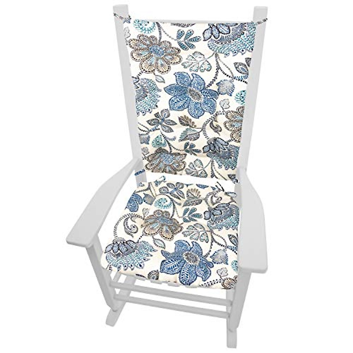 Boutique Blue Floral Porch Rocker Cushions - Extra-Large - Indoor - Outdoor, Fade Resistant, Weather Resistant - Latex Foam Fill Rocking Chair Seat Cushion & Backrest Pad Set - ( Blue - White )