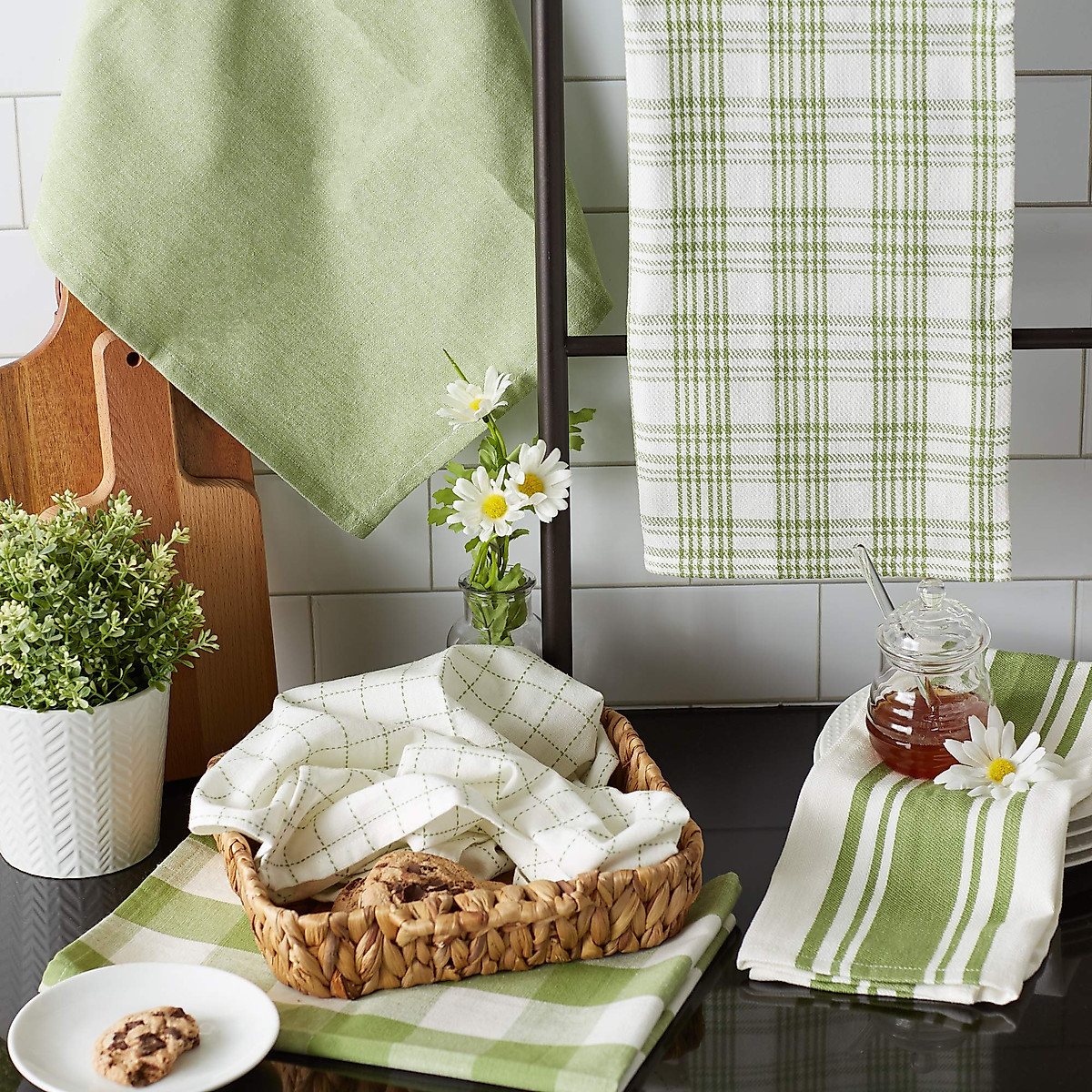DII Everyday Basic Kitchen Collection Large Woven Cotton Dishtowel/Tea Towel Set, 18x28, Antique Green, 5 Count