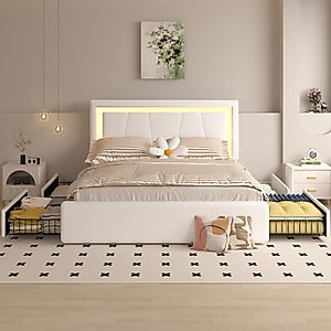 Benevika Queen Bed Frame with 4 Storage Drawers and Adjustable Headboard, Upholstered Platform LED Bed with Type-C&USB Ports, Solid Wooden Slats Support, No Box Spring Needed, Easy Assembly, White