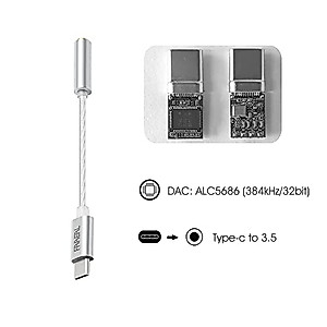 FAAEAL Type-C to 3.5mm DAC Cable Decoding Headphone Converter Gold-Plated Female Seat Earphone Amplifier Braided/Silver-Plated Wire Audio Adapter for Win10 Android Tablet PC Earphones (Silver)
