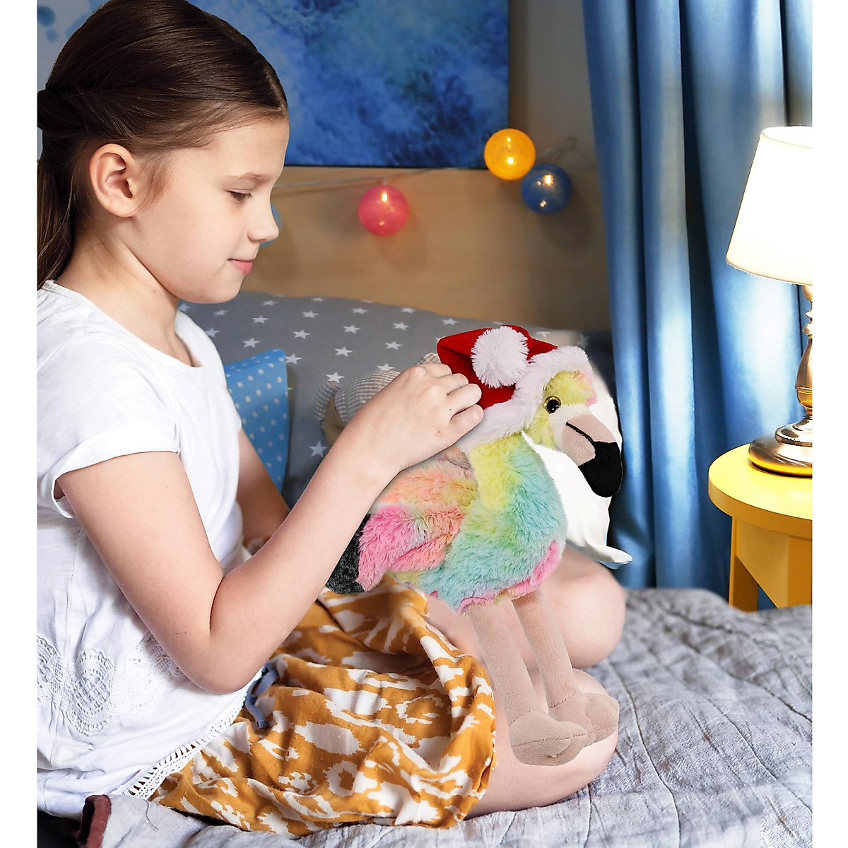 DolliBu Santa Rainbow Flamingo Stuffed Animal Plush Toy - Wild Animal Dress Up with Red Santa Claus Hat, Cute Wildlife Gift, Perfect Holiday with Name Personalization - 8 Inches