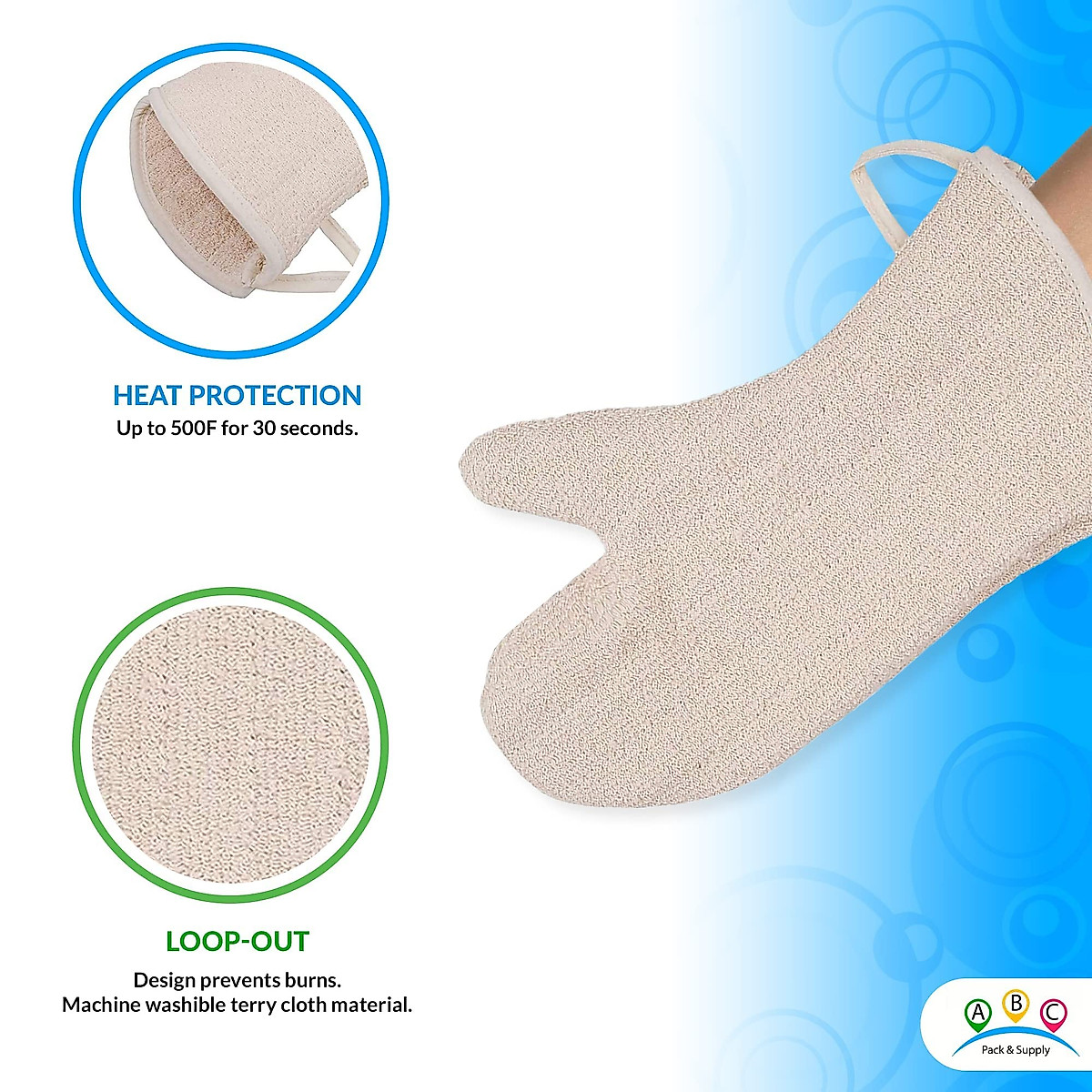 ABC Terry Cloth Oven Mitt 33 Cm. 3 Pairs of Beige Kitchen Oven Mitts Heat Resistant with 260 C Heat Resistance. Cut Resistant Cotton Oven Mittens for Kitchen with Top Loop. Washable Oven Gloves