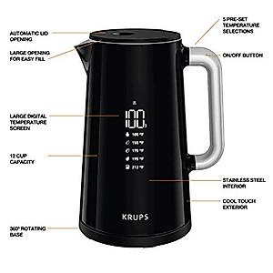 KRUPS BW801852 Smart Temp Digital Kettle: Prepare tea and coffee. Full Stainless Interior and Safety Off, 1.7-Liter, Black