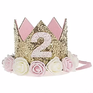 2nd Baby Birthday Crown Flower Tiara Headband 2 Year Old Birthday Party Hat Hairbands Princess Photo Props Birthday Decorations Baby Photography Gifts