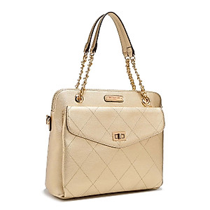 Nicole Lee Elena Tote, Chain Link Vegan Leather Strap, Front Pocket - Gold