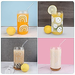 KAUND 4 PCS Ice Coffee Cup with Glass Straw,16oz Sublimation Boho Printed Beer Can Glasses,Ideal for Cocktails,Whiskey,Beer,Soda and Gifts - 2 Cleaning Brushes