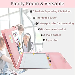JIMEIQI Accordion File Organizer, 6 Pockets Versatile Document Organizer for Letter Size/A4 Paper/Receipts with One Notebook, Pink Expanding File Folder for Office/School/Home/Travel