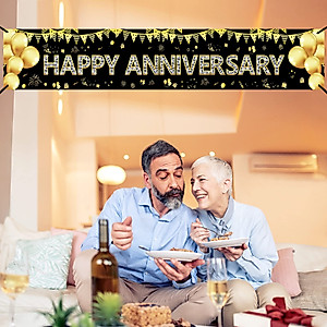 Wedding Anniversary Banner Decorations, Large Happy Anniversary Yard Sign Party Supplies Decor, Black Gold Outdoor 16th/21st/30th/40th Anniversary Decorations Photo Booth Props(9.8 X 1.6ft)
