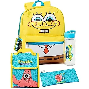 SpongeBob SquarePants Backpack Set Kids 4 Piece | Blue Yellow School Bag Patrick Lunch Box Gary Pencil Case Logo Water Bottle | TV Show Merchandise Gifts