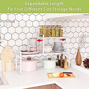 Across-Star Expandable Cabinet Shelf Organizer Rack, Stackable Kitchen Counter Storage Shelves Stand, Adjustable Height Pantry Shelf Spice Rack (White, 2 Pack)