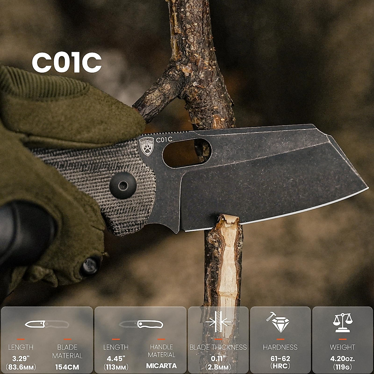 Kizer C01C Sheepdog Pocket Knife, 3.29" 154CM Blade Camping Knife with Grey Micarta Handle, EDC Knife with Button Lock, Survival Knife with Thumb Stud & Hole, Folding Knife for Men Women, V4488BC1