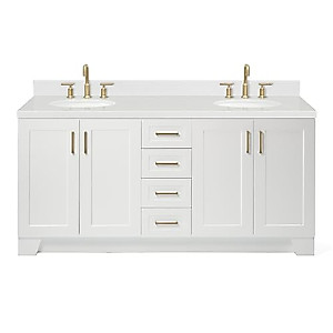 ARIEL Taylor 72" White Double Bathroom Vanity, 1.5" Edge Carrara Quartz Countertop & Splash, Oval Sinks, 4 Soft Closing Doors, 6 Full Extension Dovetail Drawers, Toe Kick, Satin Brass