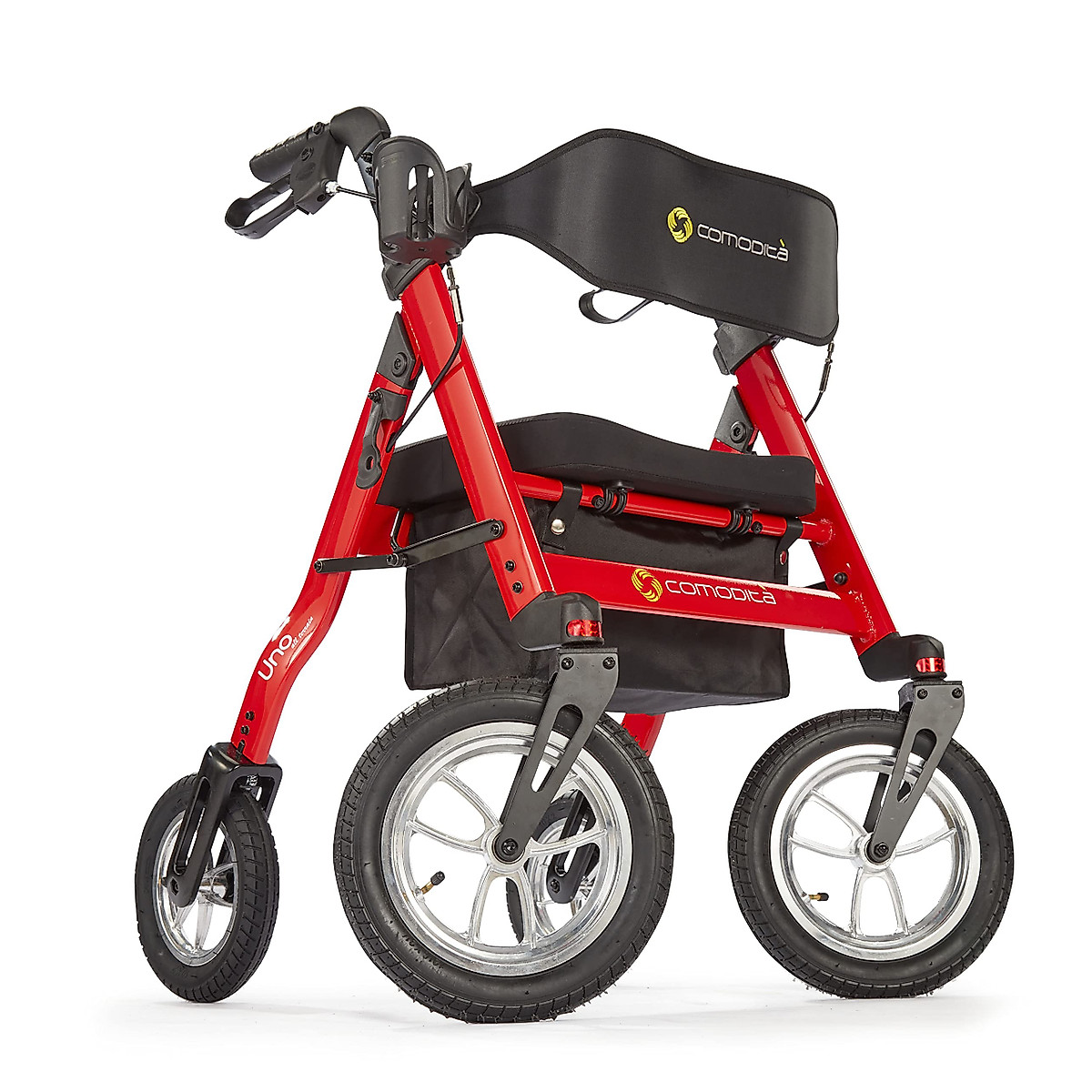 Comodità Uno All Terrain Rolling Walker with Pneumatic Tires, Wheeled Rollator with Orthopedic Extra Wide Seat and Brakes for Adults and Seniors, Easy Folding, 4 Wheel, Modena Red