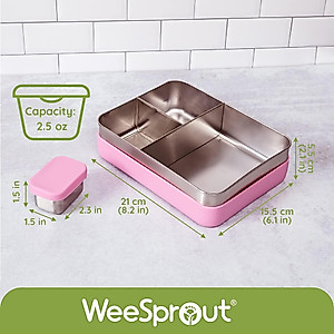 WeeSprout 18/8 Stainless Steel Bento Box (Large) - 3 Compartment Metal Lunch Box, Skid-proof Silicone, for Kids & Adults, Bonus Dip Container, Fits in Lunch & Work Bags, Dishwasher & Freezer Friendly