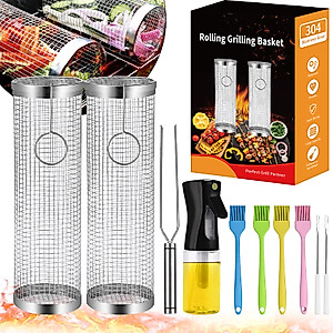 Grill Basket 2 PCS, BBQ Grill Basket, Rolling Grilling Basket, Stainless Steel Grill Mesh Barbeque Grill Accessories, Portable Grill Baskets for Outdoor Grill for Fish, Shrimp, Meat, Vegetables, Fries
