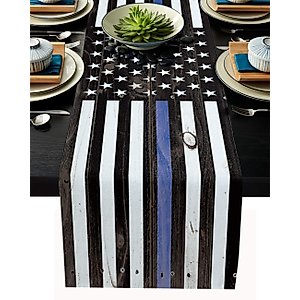 Thin Blue Line Rustic Table Runner-Cotton Linen-Long 90 inche Black American Police Flag Dresser Scarves,Tablerunner for Kitchen/Coffee/Dining,Gift for Law Enforcement,Home Décor Holiday Dinner Scarf
