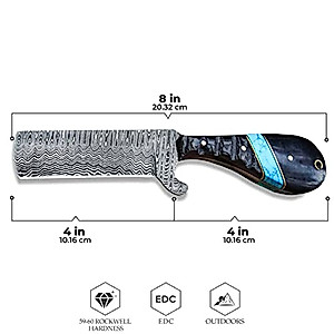 Warlocks Club Handmade Damascus Hunting Knife, 8" Fixed Blade Knife with Sheath, Full Tang Cowboy Knife, Skinning Knife, EDC Bull Cutter Knife for Outdoor Camping