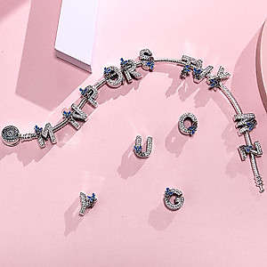 Complete A~Z Alphabet Charm Letter Beads, Solid 925 Sterling Silver with Cubic Stones Flower Butterfly fits European Bracelets Necklace Women Jewelry Gift Options