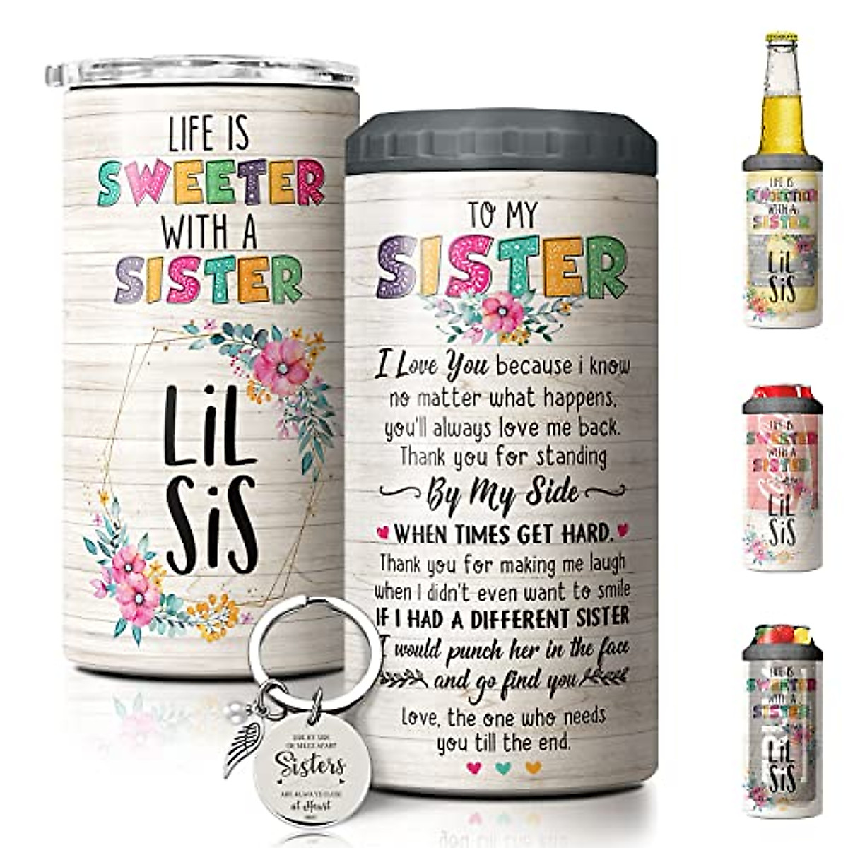 SANDJEST Sisters Gifts from Sister Tumblers - 4-in-1 Tumbler Can Cooler Cup - 12oz Stainless Steel Insulated Can Coozie Travel Mug Birthday, Christmas Lil Sissy Gift from Soul Sister, Brother, Bestie