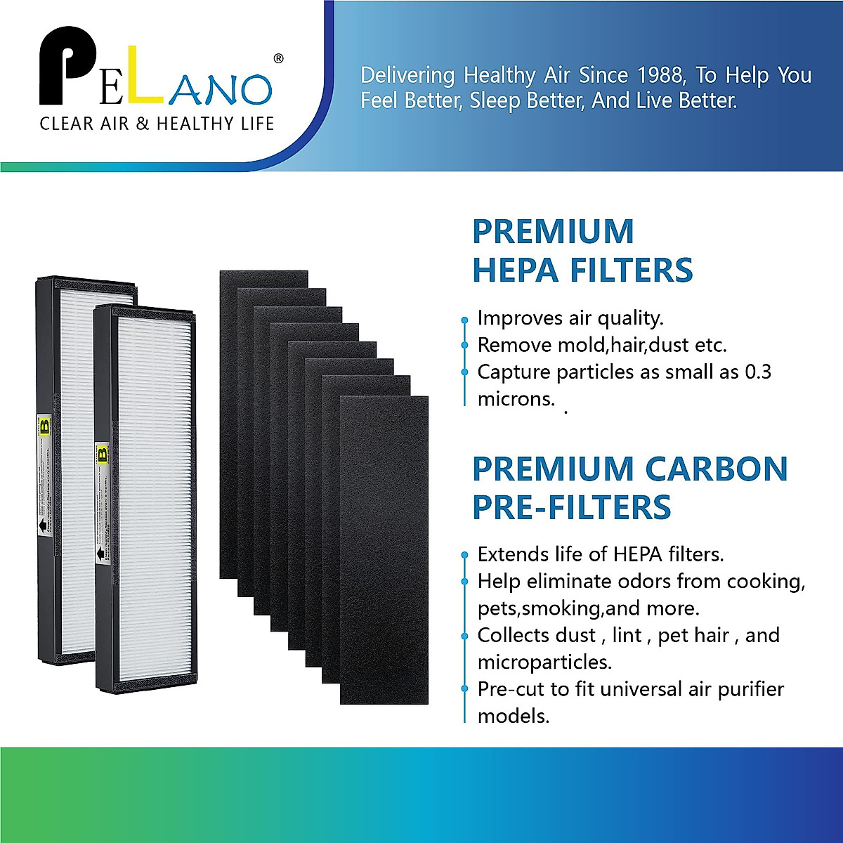Pelano FLT4825 Replacement Filter B, Compatible with Germ Guardian AC4300BPTCA, AC4900CA, AC4825, AC4825DLX, AC4850PT, CDAP4500BCA, CDAP4500WCA and More, 2 H13 Ture Hepa Filter + 8 Carbon Pre-Filters